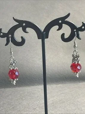 Handmade | Jewelry | Silver Tone Floral Drop Earrings With Red Glass ...